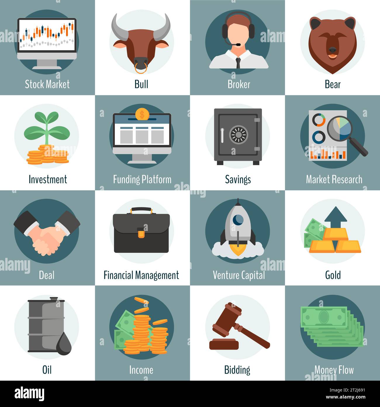 Investment and trading flat icons set for web design with bull bear ...