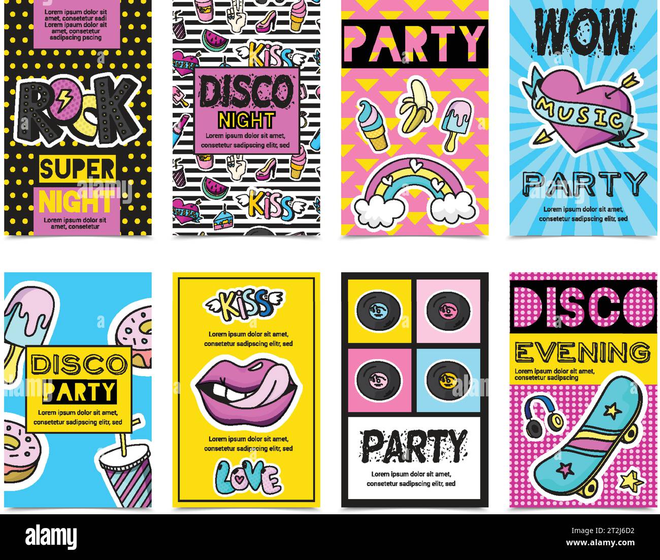 Colored stylish fashion patch badges banner set with disco night wow ...