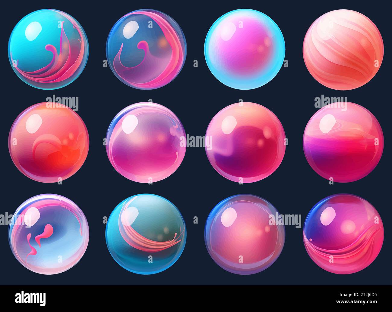 Set of colorful spheres with glares and shadows on dark background ...