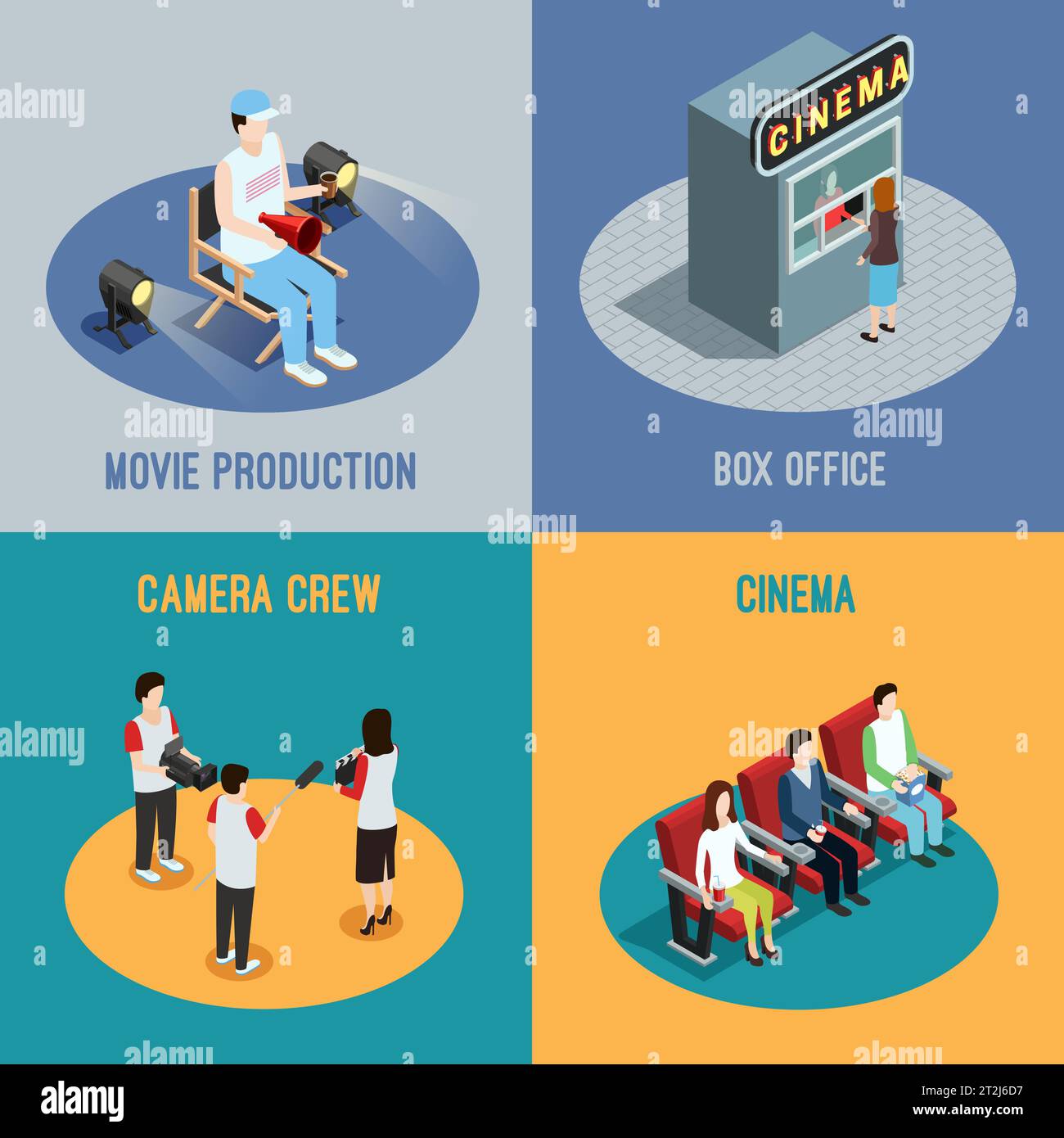 Cinema box office and movie production camera crew 4 isometric icons ... Cinema box office and movie production camera crew 4 isometric icons ...