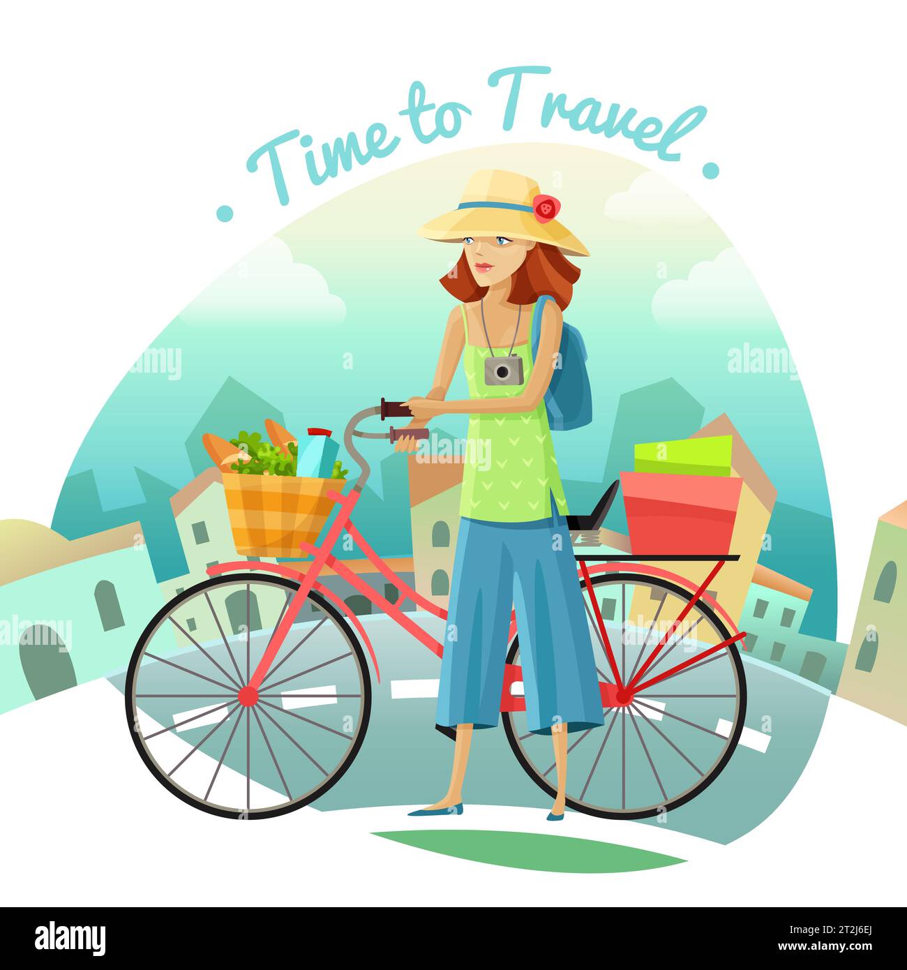 Time to travel cartoon concept with woman city and bike vector ...