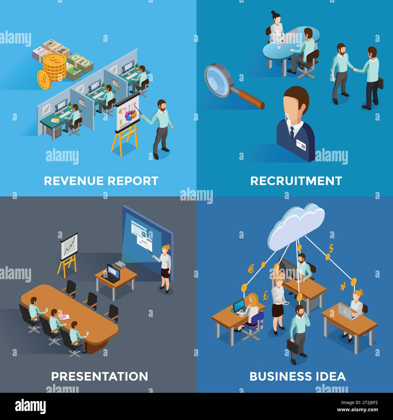 Isometric business 2x2 icons set with revenue report recruitment presentation and business idea ...