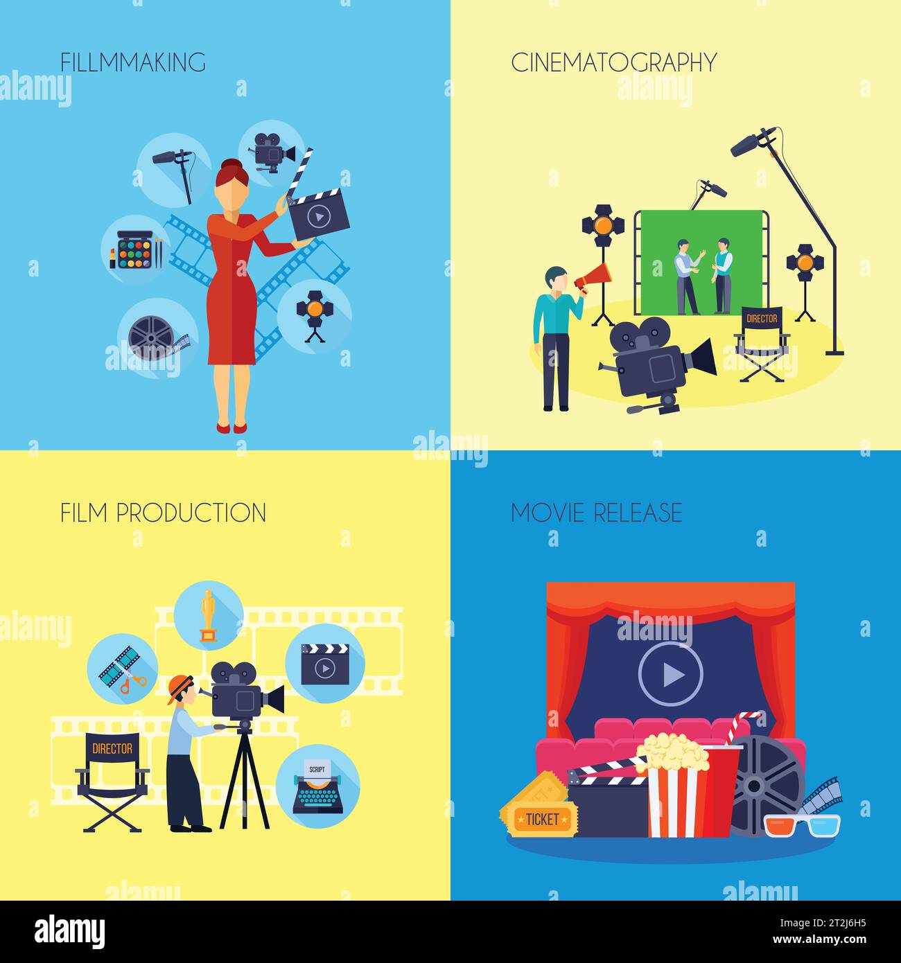 Filmmaking concept 4 flat icons square with movie director with ...