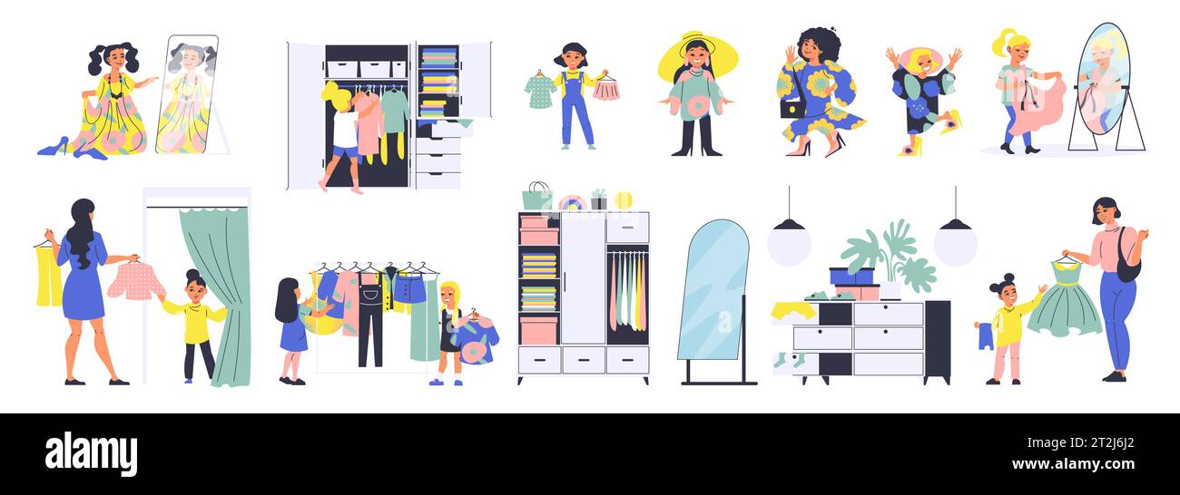 Kids dress up flat icons set with children try on adult clothes ...