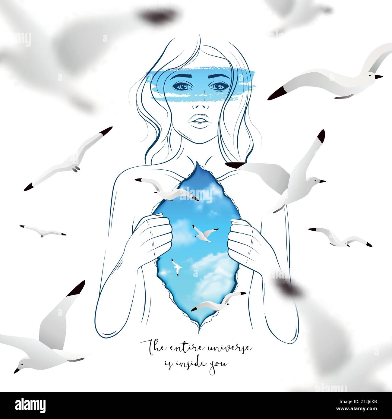 Abstract poster with sketch of beautiful woman opening her inner world ...