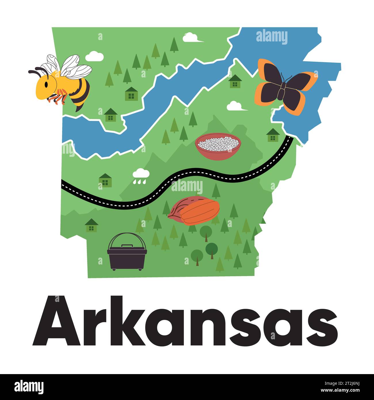 Arkansas states map shape with green forest natural animal and icon ...