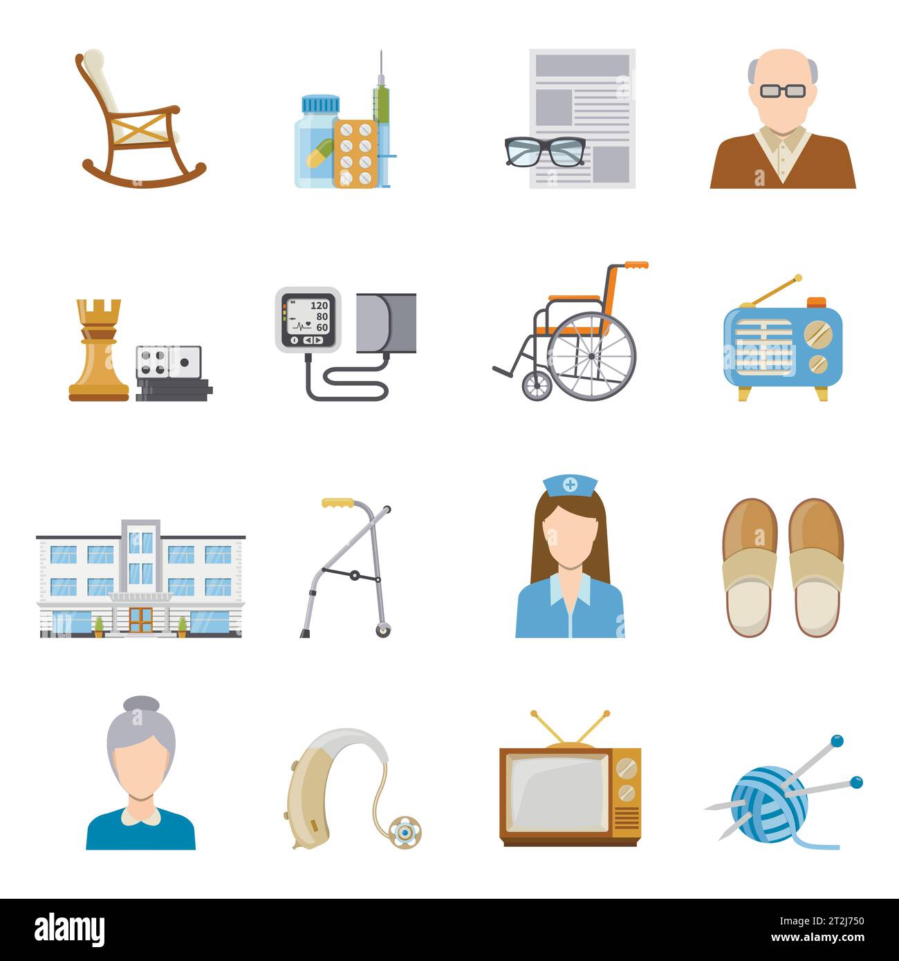 Elderly care in nursing home decorative icons set of wheelchair crutch ...