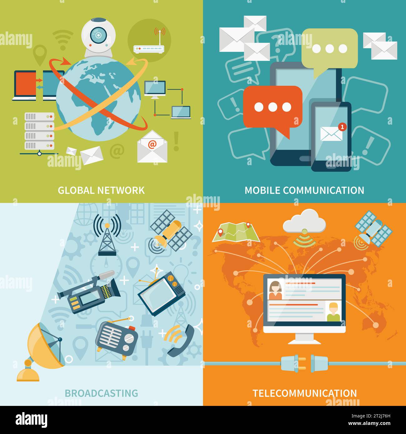 Telecommunication 2x2 design concept set of mobile radio and satellite ...