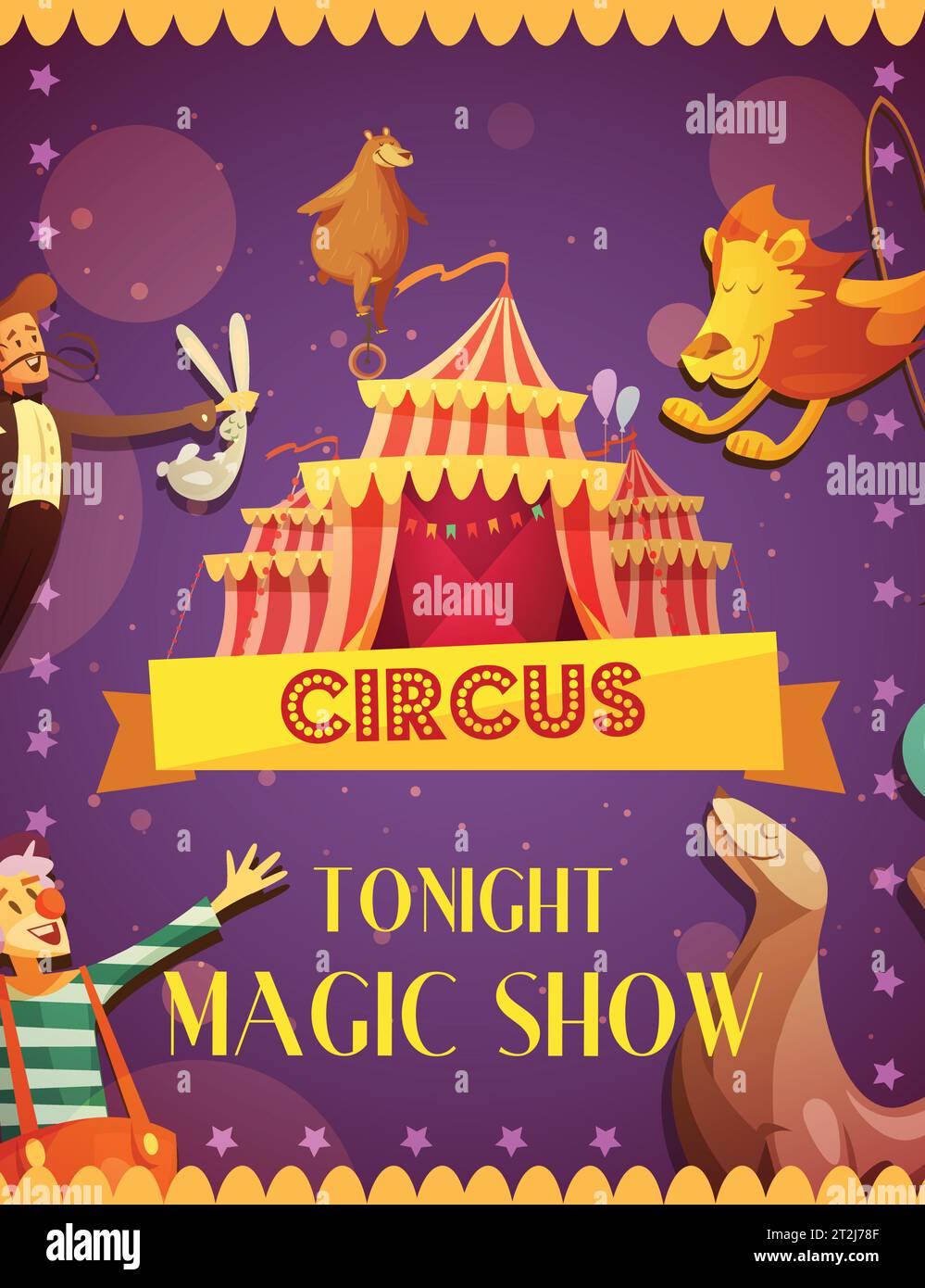 Travelling circus magic show retro cartoon announcement poster with ...