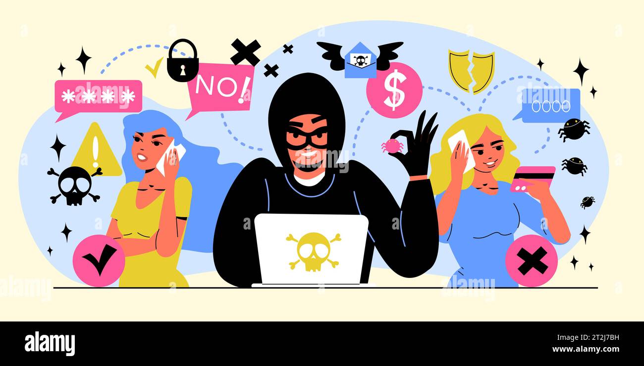 Cyber Crime Flat Composition With Hacker Stealing Money Online Vector Illustration Stock Vector