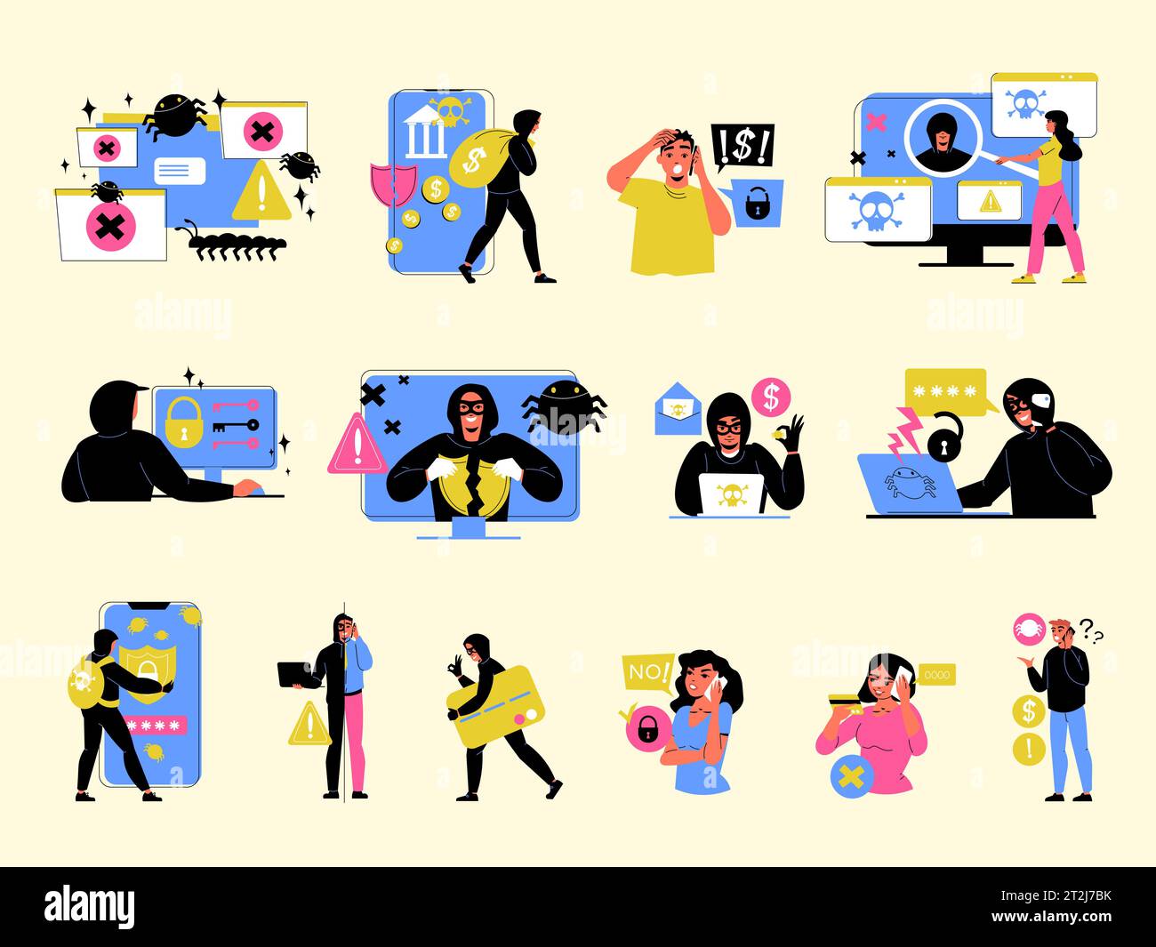 Cyber crime flat icons set with hacker attacks isolated vector ...