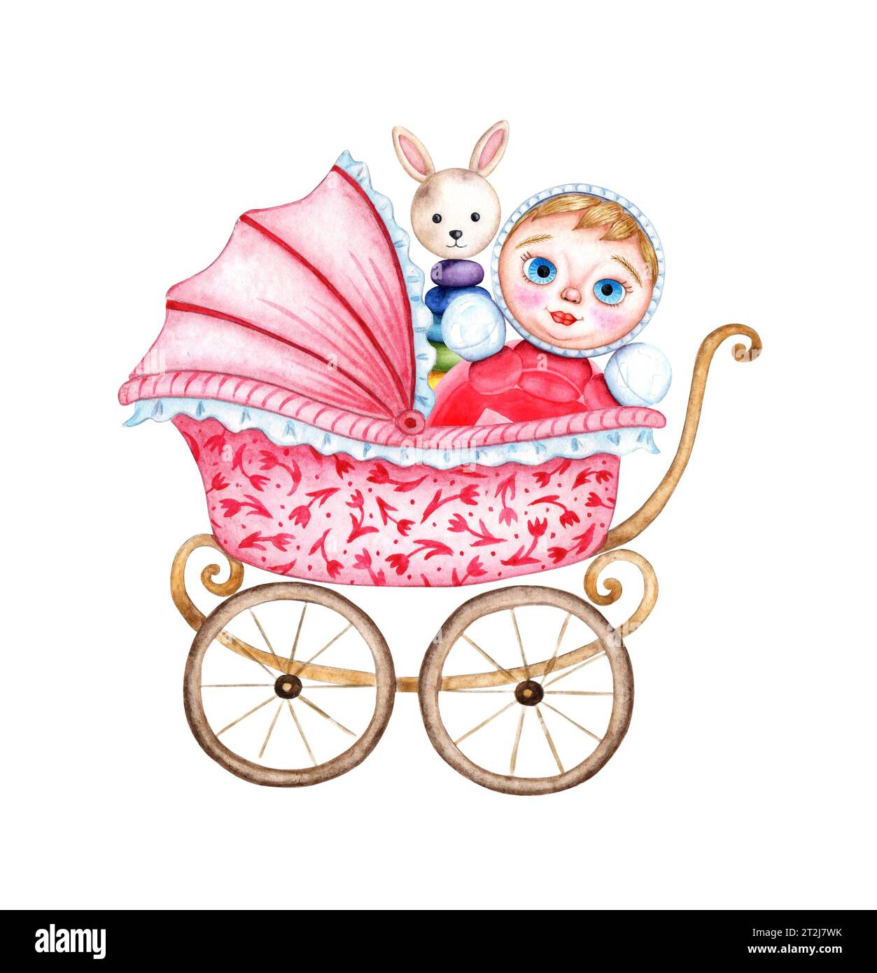 Watercolor illustration Baby pink stroller with toys, roly-poly and ...