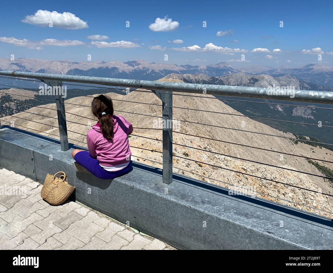 Back view of little girl at the top the Lookout observation deck view ...