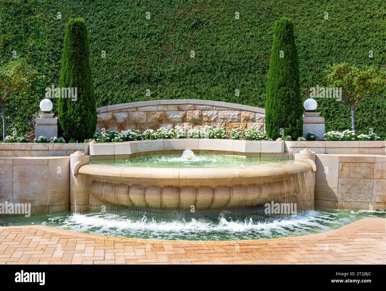 Haifa, Israel - August 16, 2023: Water fountain in the Bahai Gardens in ...