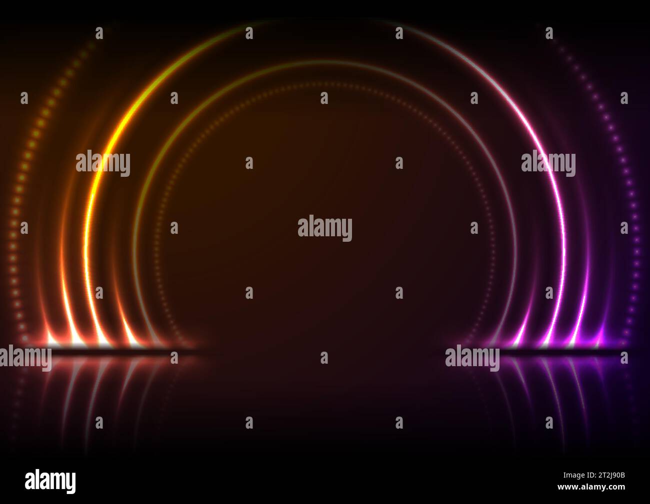 Orange and purple neon laser circles with reflection. Abstract ...