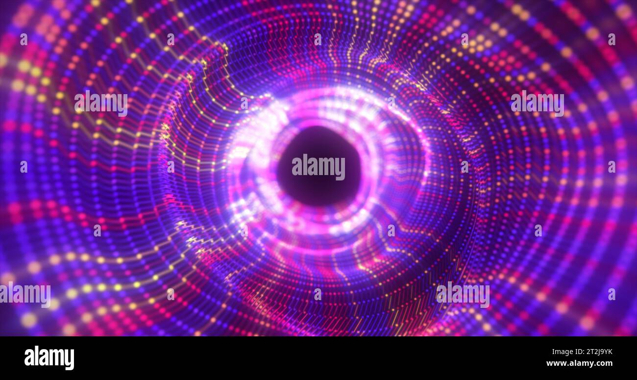 Abstract purple energy tunnel made of particles and a grid of high-tech ...