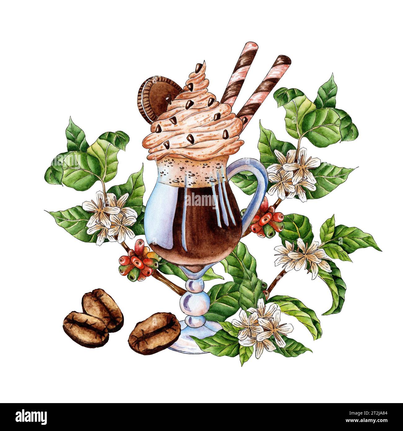 Watercolor illustration of coffee cocktail, twigs, coffee beans and ...