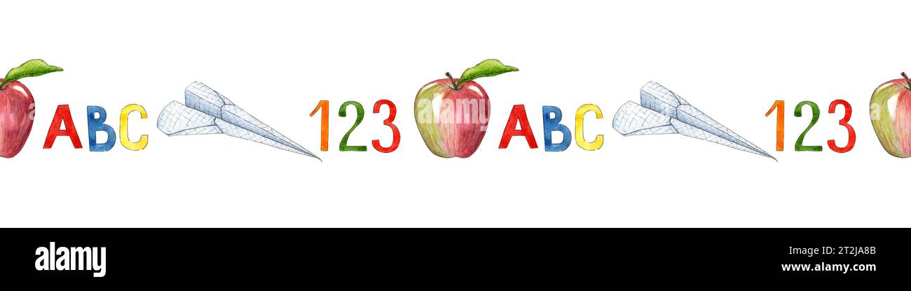 Watercolor horizontal seamless pattern school supplies: numbers 123 ...