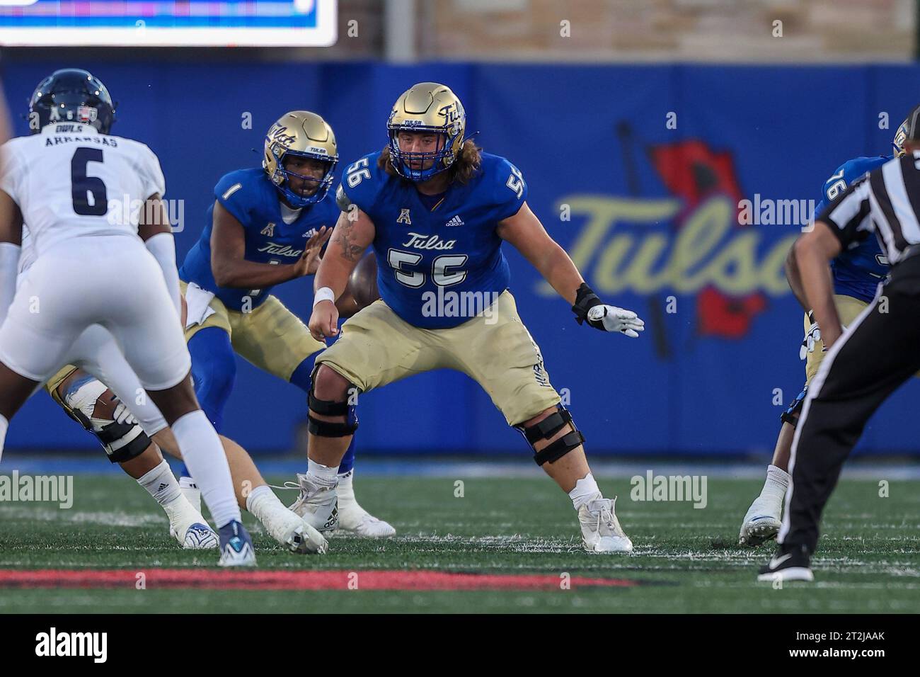 October 19, 2023: Tulsa center Will Farniok #56 comes up after snapping ...