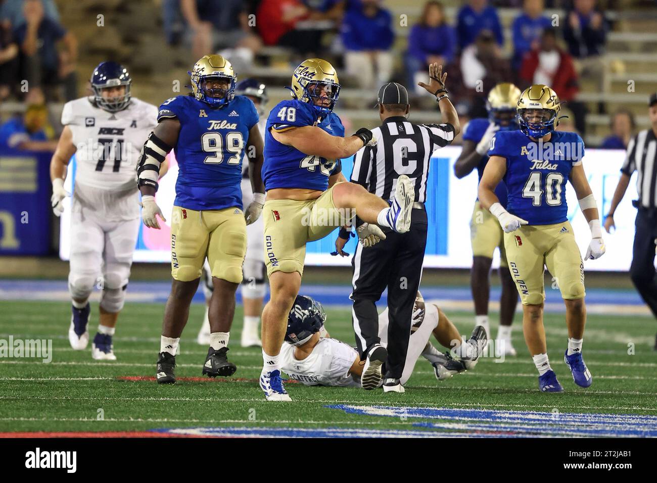 October 19, 2023: Owen Ostroski #48 Tulsa defensive lineman celebrates ...