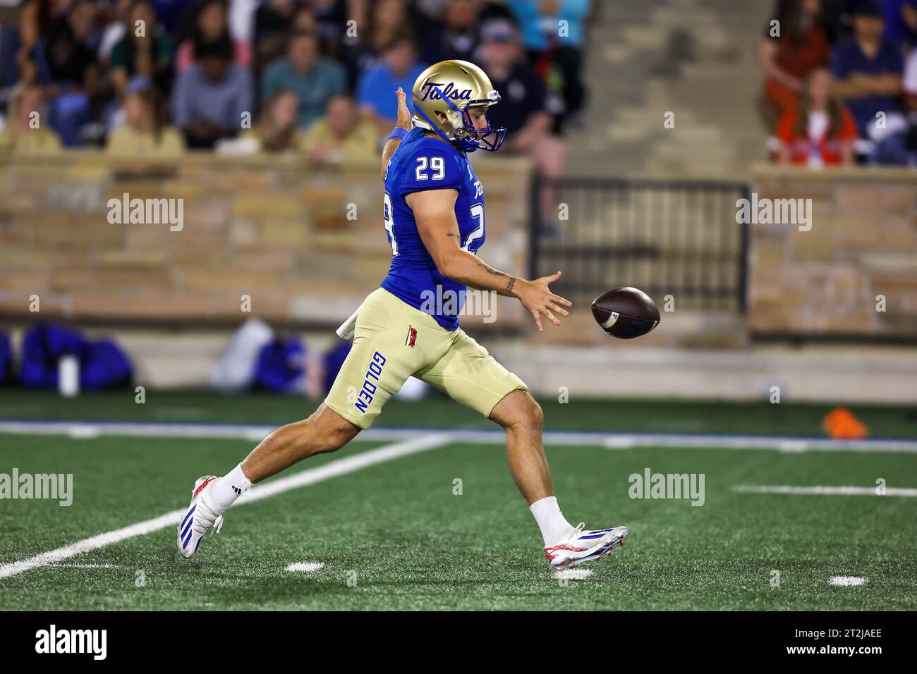 October 19, 2023: Angus Davies #29 Tulsa punter prepares to put his ...