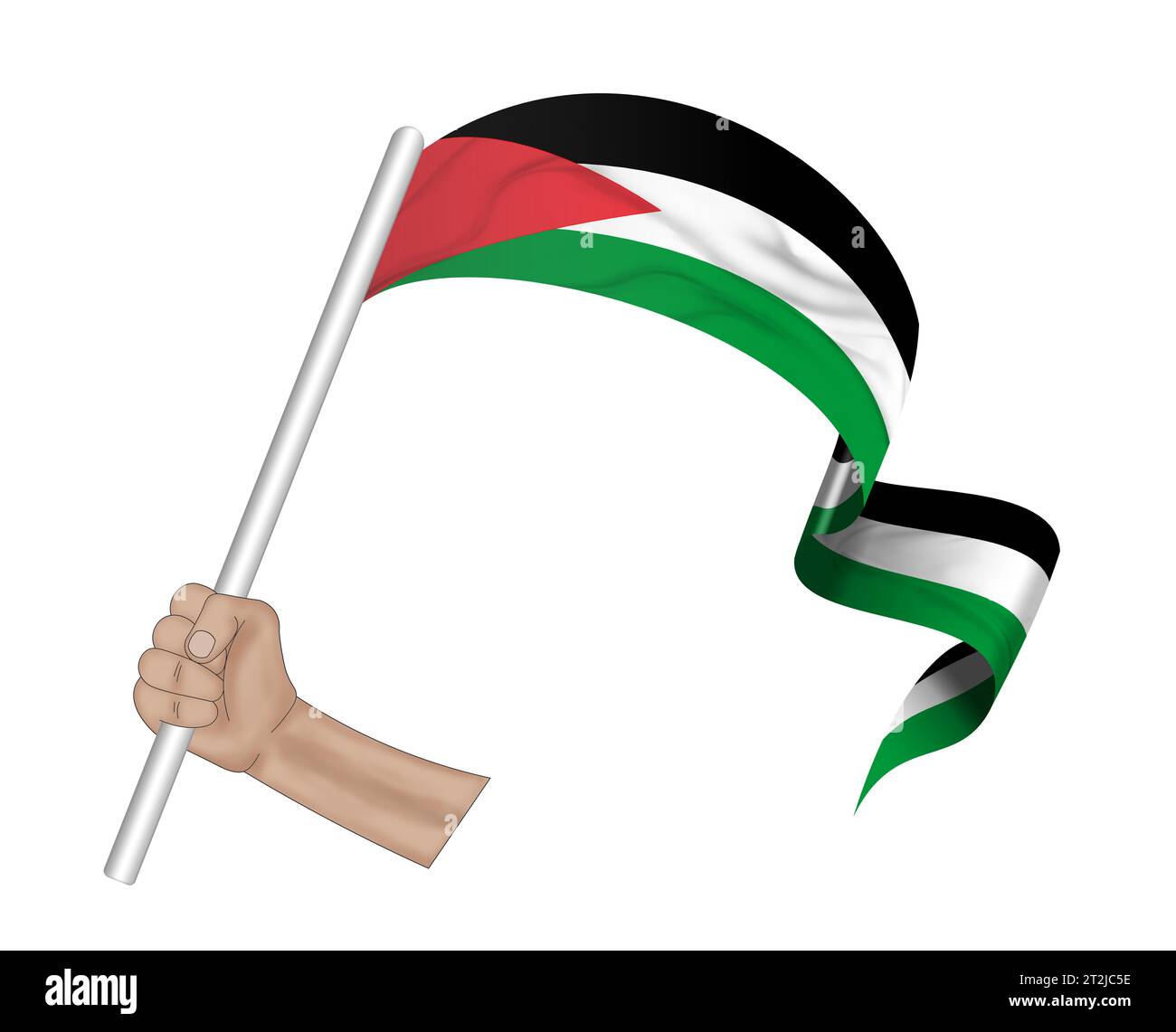 3D illustration. Hand holding flag of Palestine on a fabric ribbon ...