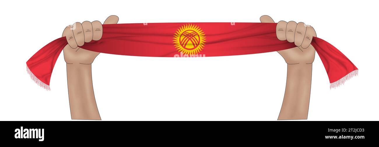 3D illustration. Hand holding flag of Kyrgyzstan on a fabric ribbon ...