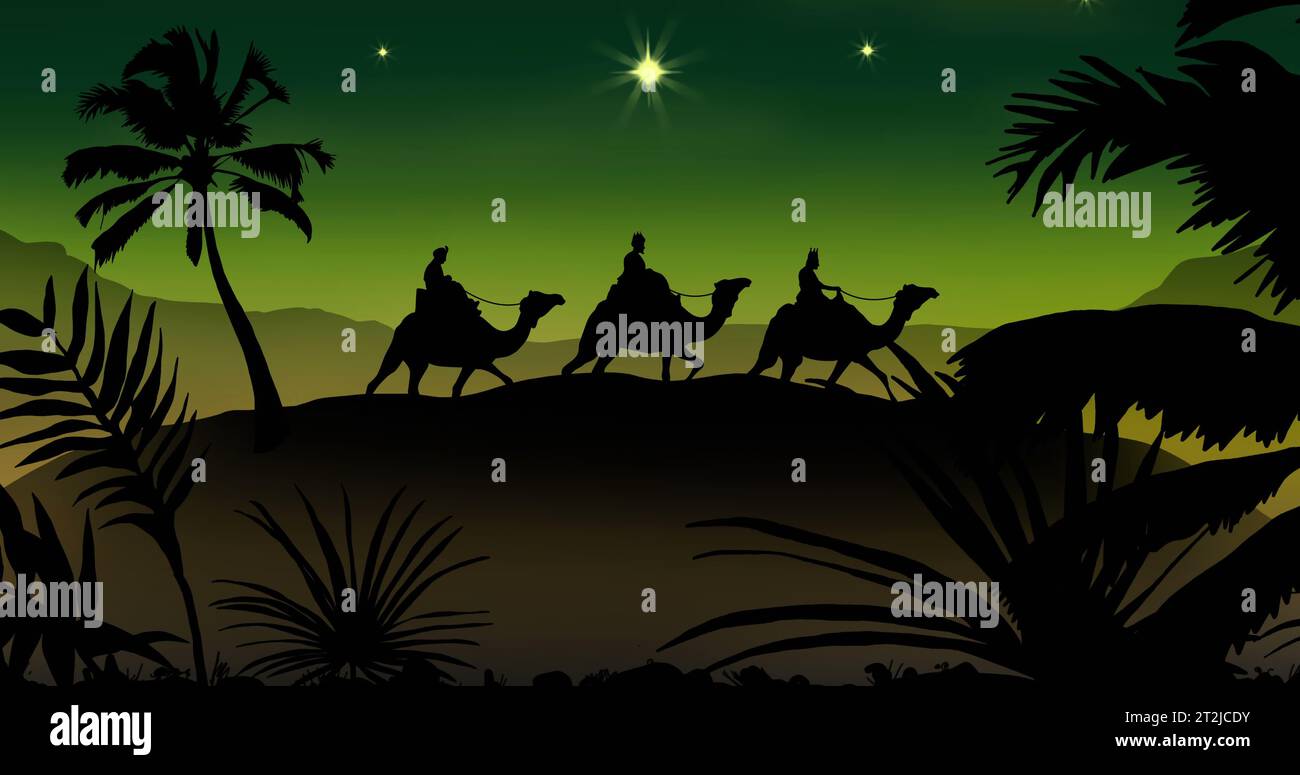Three wise men on camels on green background Stock Photo - Alamy