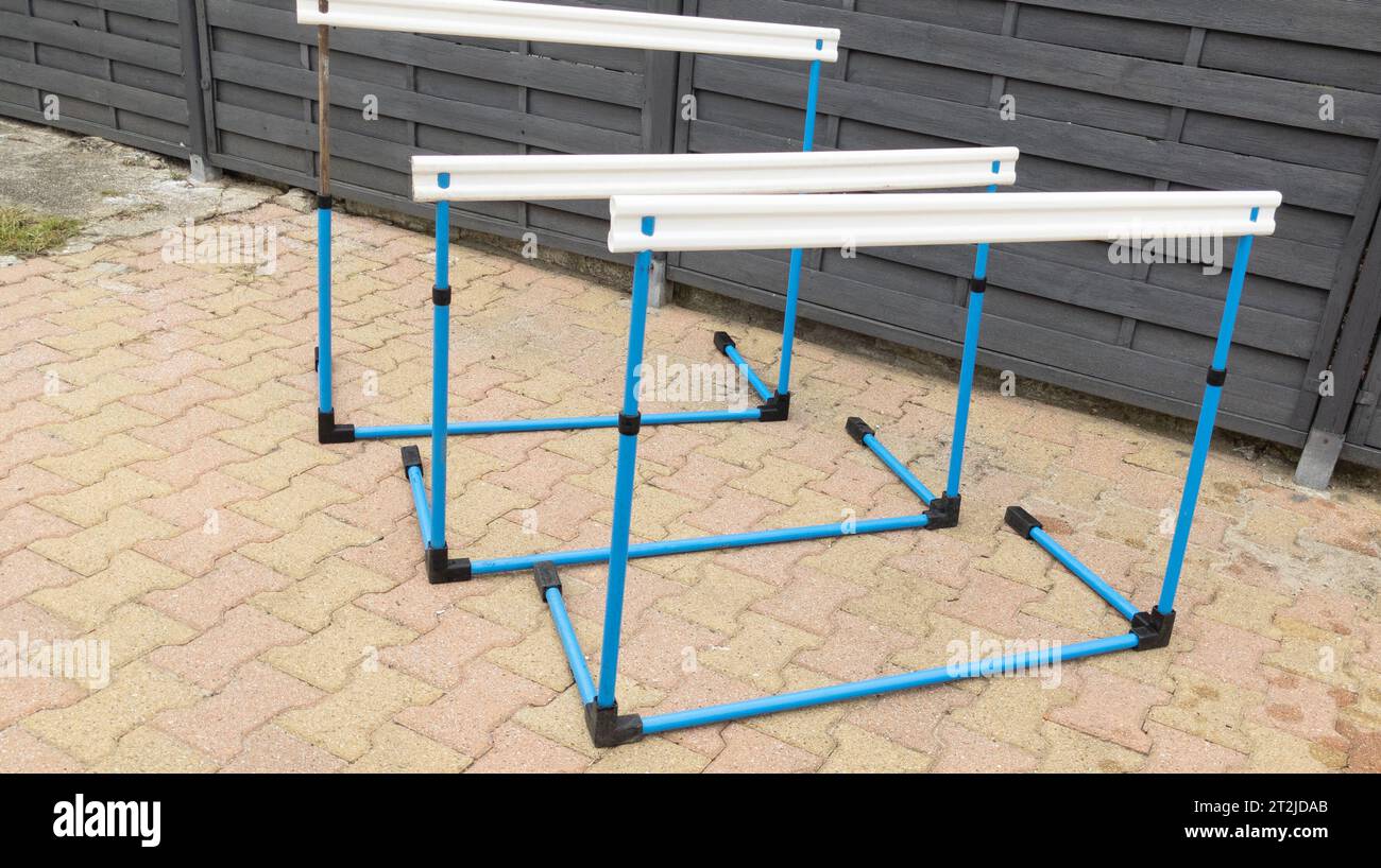 athletics hurdles blue white hurdle barrier obstacle for runner to jump ...