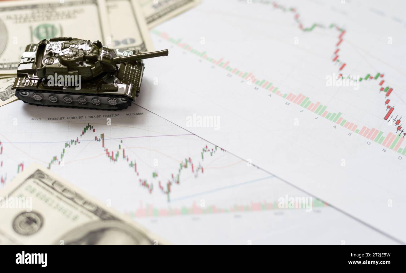 The main battle tank on US dollar bill banknotes background. U.S.A. and ...