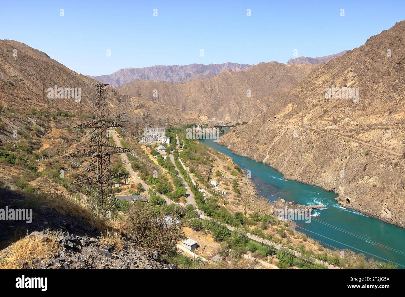 Kurpsai Hydro station. Lower Naryn River Canyon near Toktogul in ...