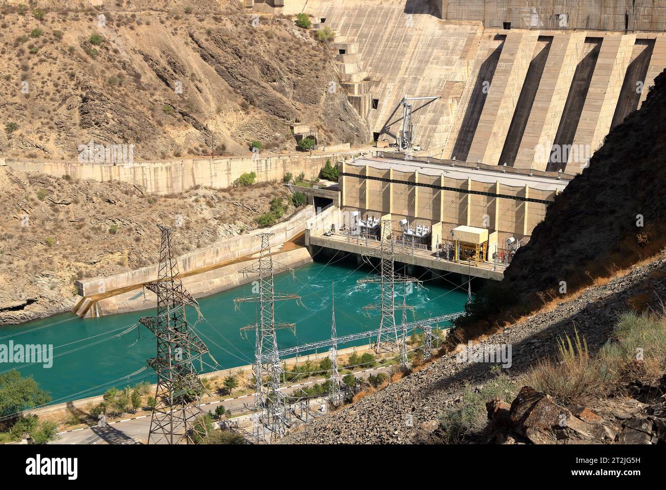 Kurpsai Hydro station. Lower Naryn River Canyon near Toktogul in ...