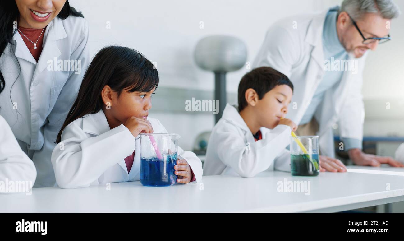 School kids, experiment and class for science, learning or teacher with info, guide and ...
