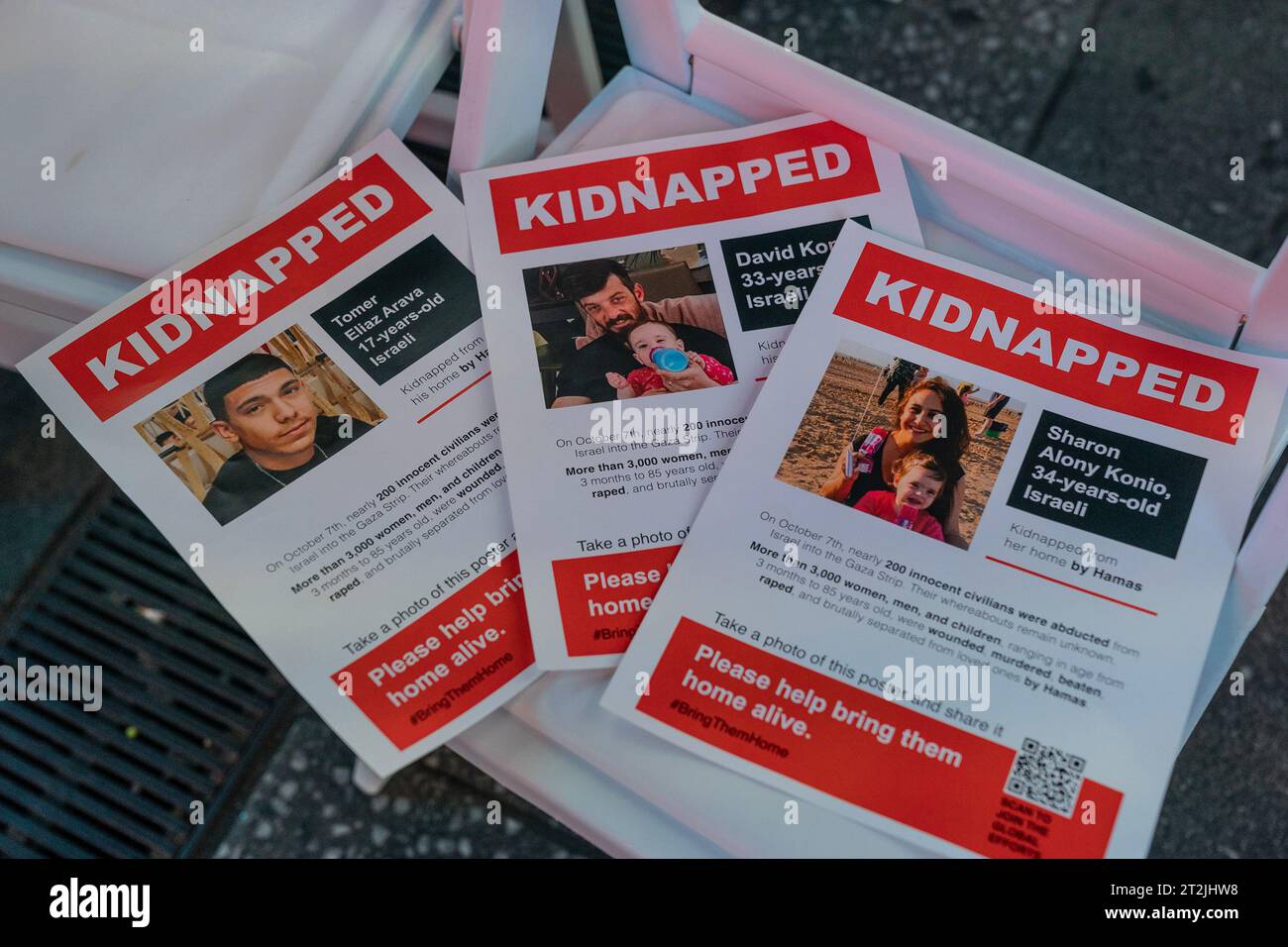 New York, USA. 19th Oct, 2023. Posters with photos of kidnapped people ...