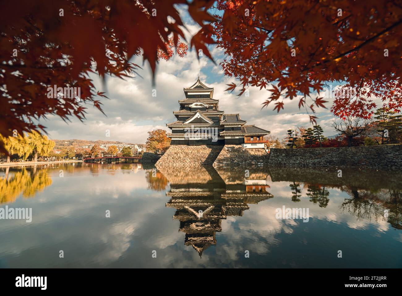 Matsumoto Castle in Autumn with Red Maple Leaf on Sunny Day, Crow ...