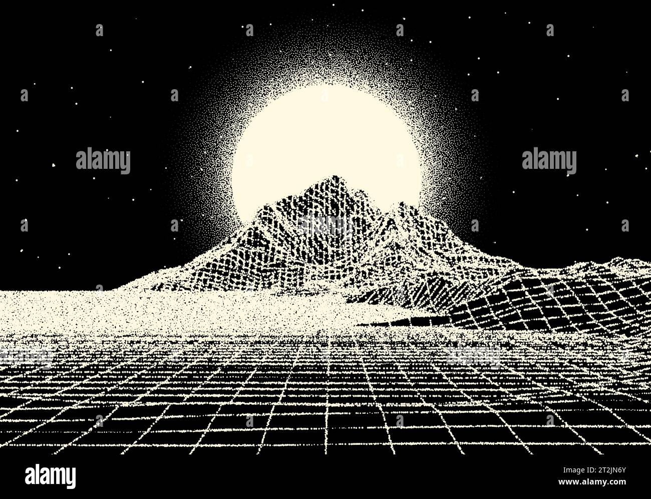 Retro dotwork landscape with 80s styled sun, grid mountains and stars ...