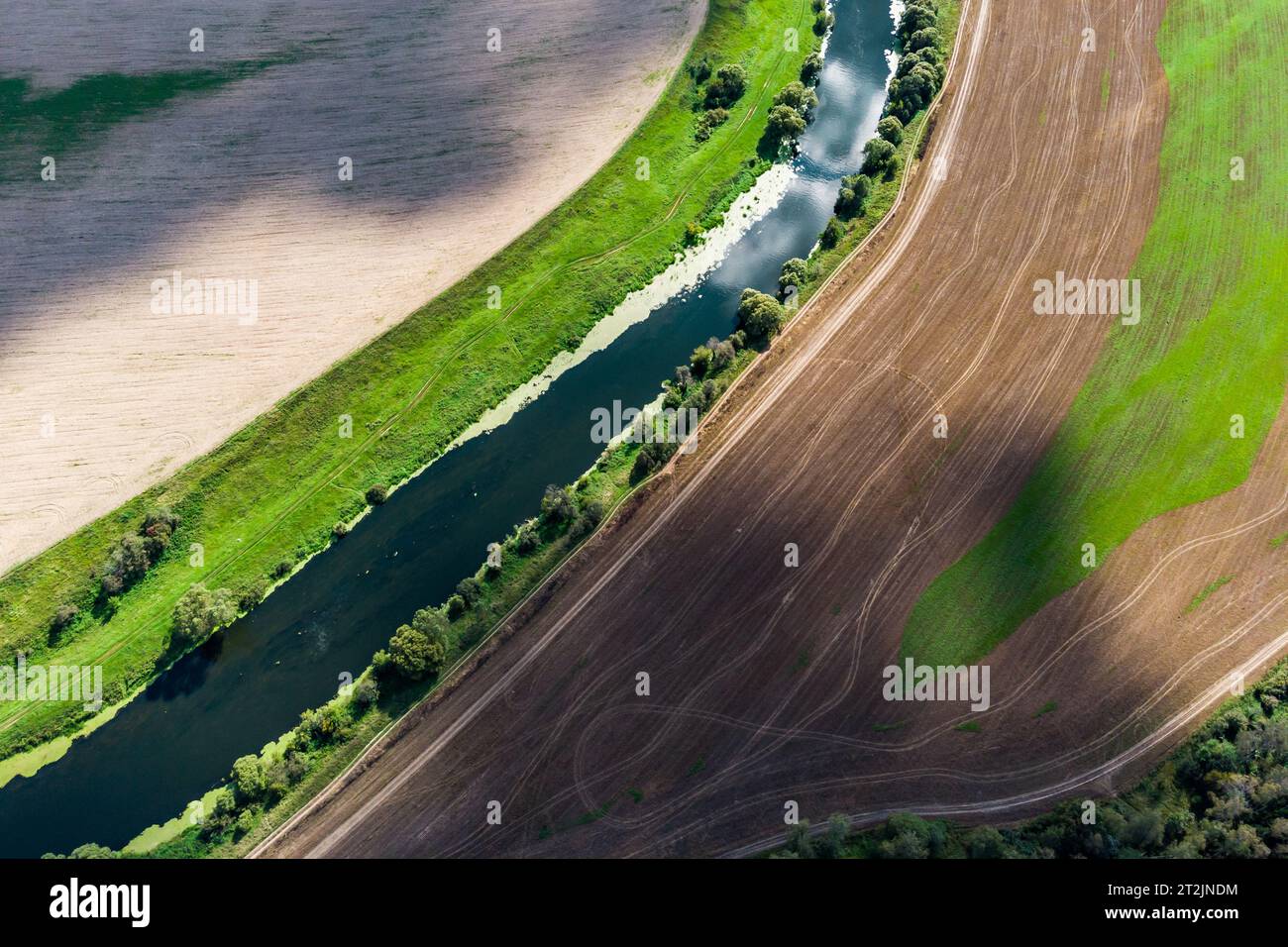 View from a high altitude of a flat landscape with a river and fields ...