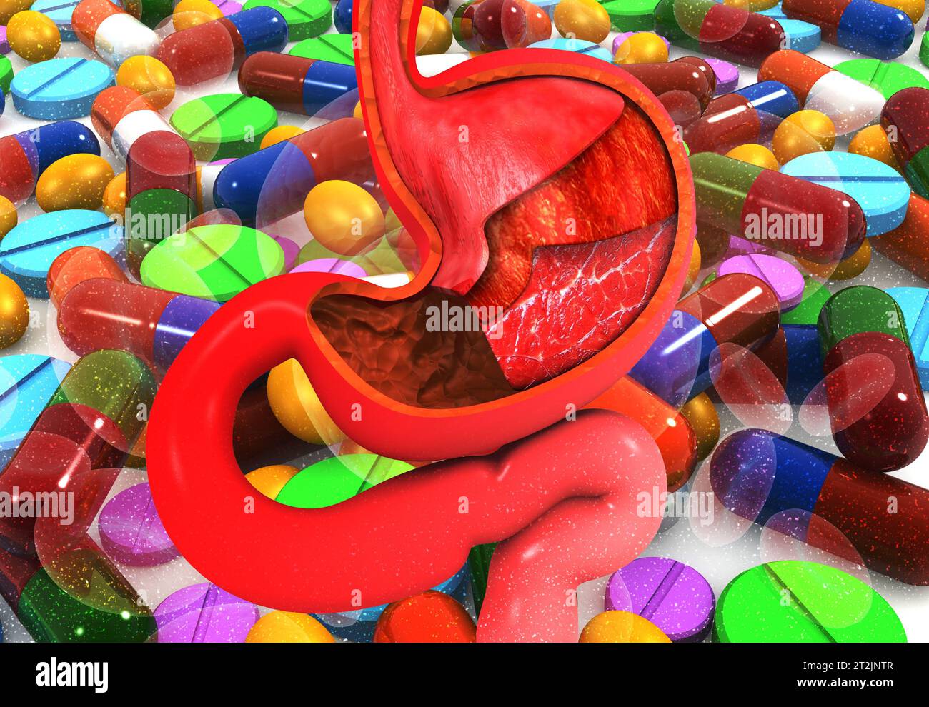 Medical pills and tablets with human stomach. 3d render Stock Photo - Alamy