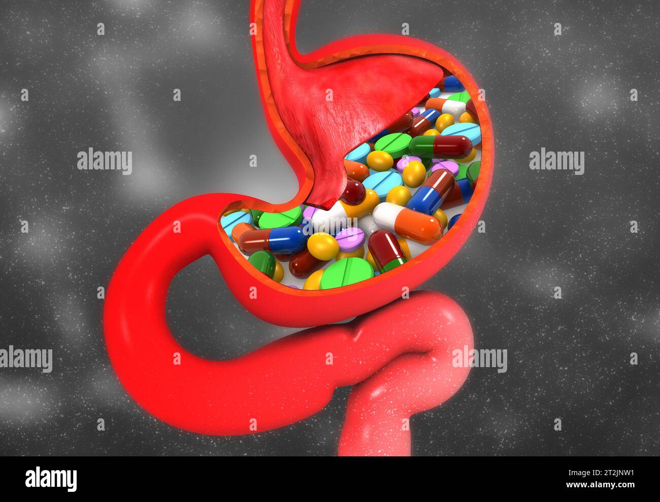 Medical pills and tablets with human stomach. 3d render Stock Photo - Alamy