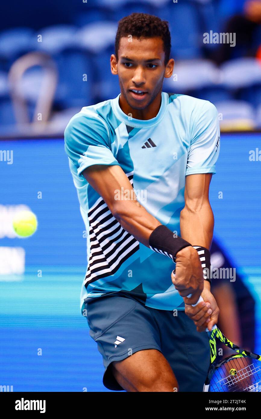 Tokyo, Japan. 20th Oct, 2023. Felix AUGER-ALIASSIME (CAN) hits a return against Marcos GIRON ...