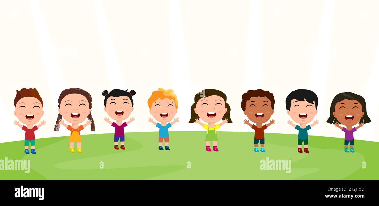 happy joyful little kids rejoicing in nature park nursery kindergarten ...