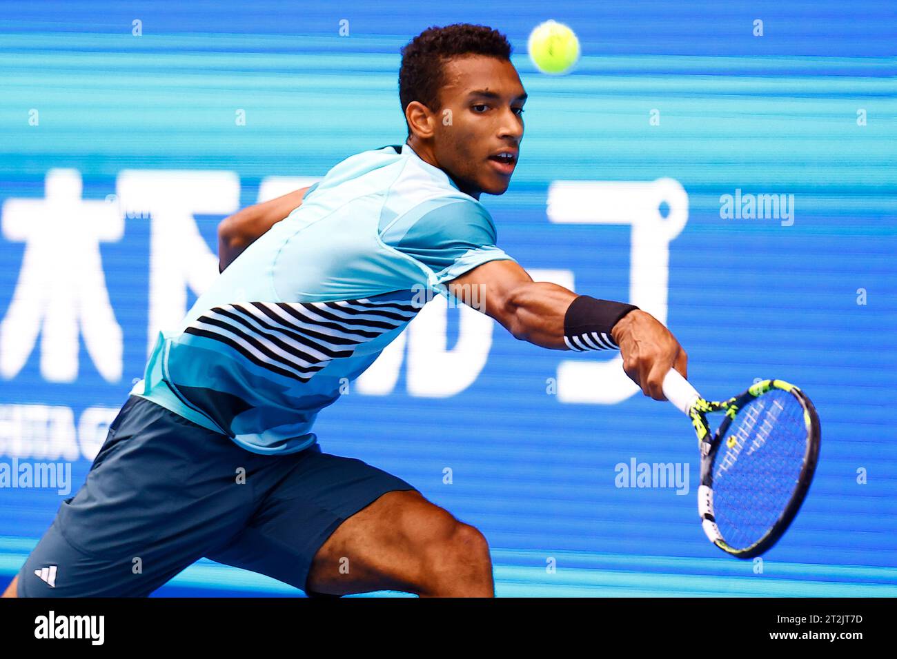 Tokyo, Japan. 20th Oct, 2023. Felix AUGER-ALIASSIME (CAN) hits a return against Marcos GIRON ...