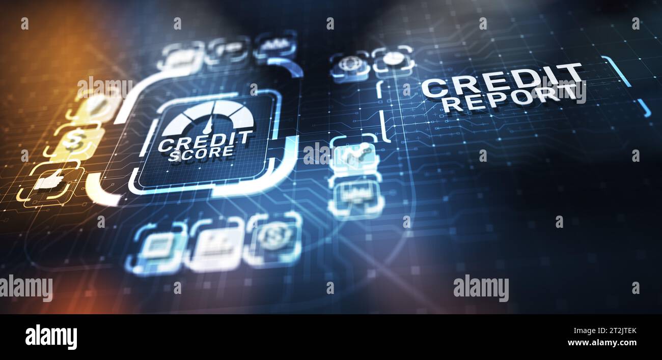 Credit report score button on virtual screen. Business Finance concept ...