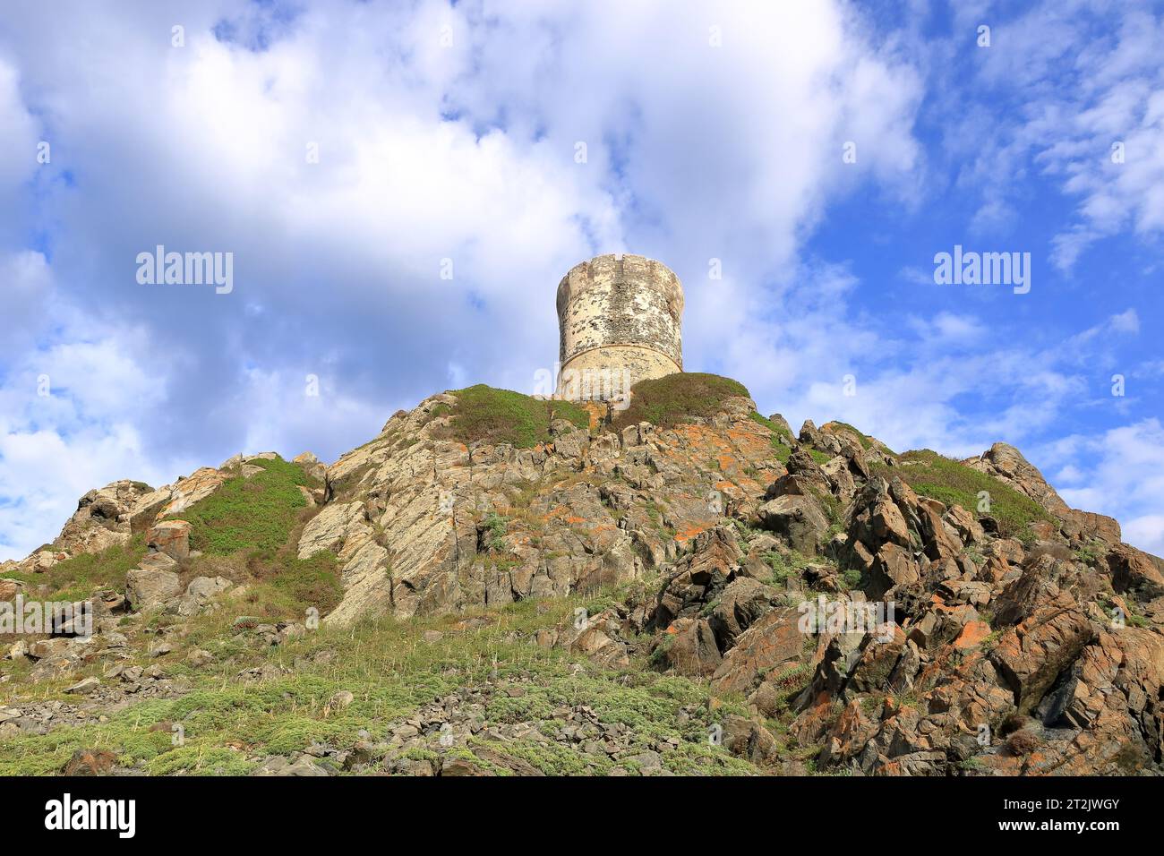 Aerial view of the remains of the Genoese Tower of La Parata built on ...