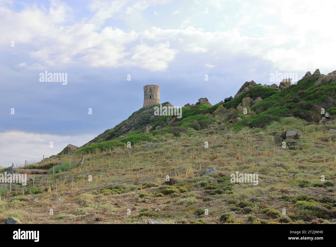 Aerial view of the remains of the Genoese Tower of La Parata built on ...