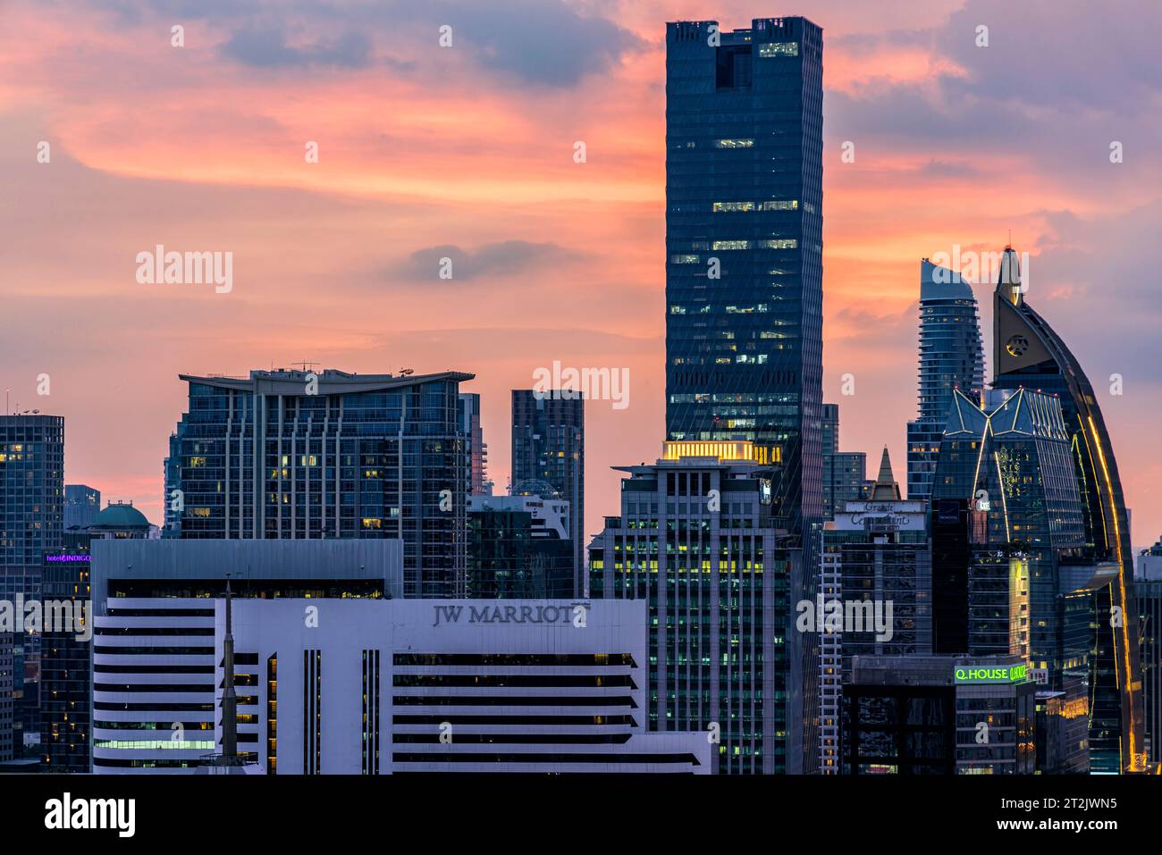 Bangkok skyline at sunset, high rise buildings on lower Sukhumvit ...