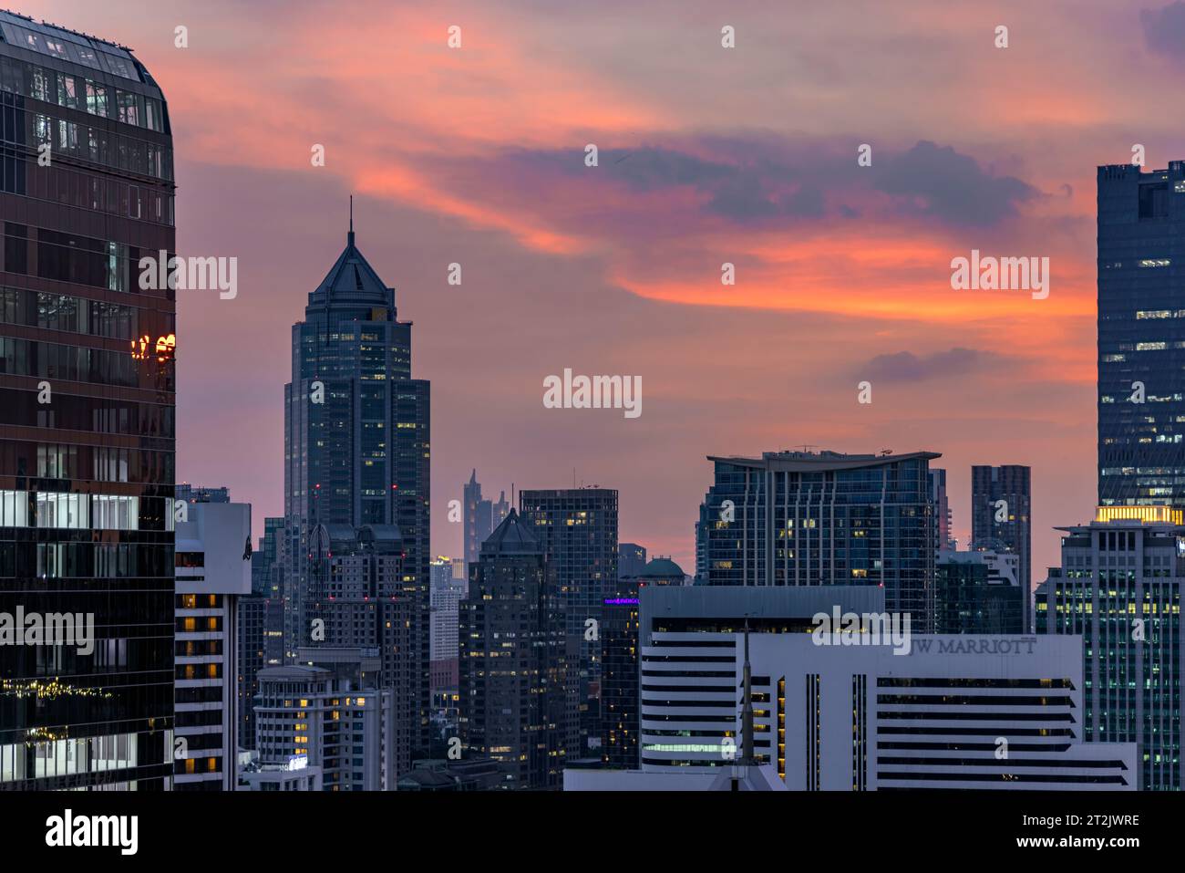 Bangkok skyline at sunset, high rise buildings on lower Sukhumvit ...