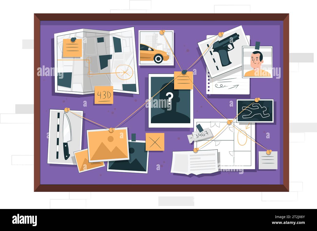 Detective Board with pins and evidence, crime investigation Stock ...
