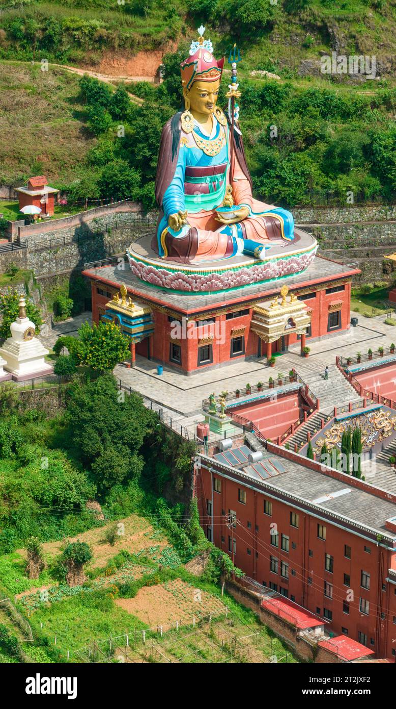 Aerial view of The biggest Guru Rinpoche Statue in Nepal, located in ...
