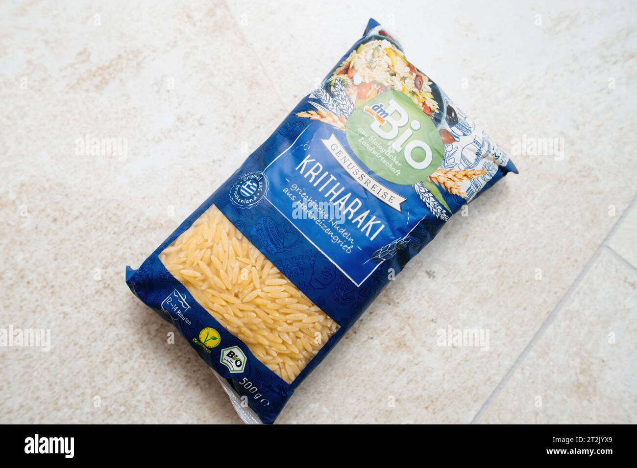 Paris, France - Jun 3, 2023: Bio-organic Kritharaki pasta with the logo ...